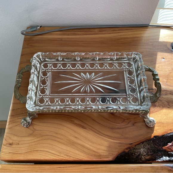 Accents | Vintage Glass Tray Plate With Claw Foot Metal Holder Frame ...